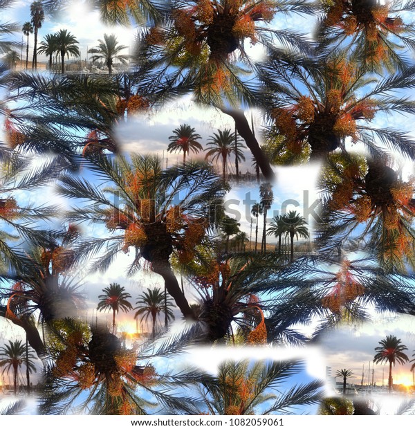 Tropic Pattern Collage Palm Trees On Stock Illustration 1082059061 ...