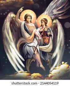 Two Angels Flying Through Clouds: ภาพประกอบสต็อก 2144054119 | Shutterstock