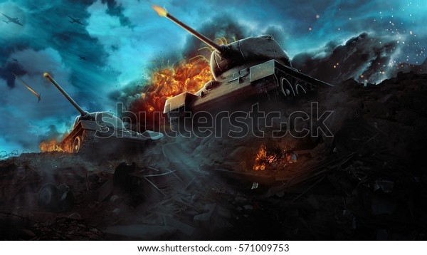 Two Battle Tanks Hot Flame Stock Illustration 571009753