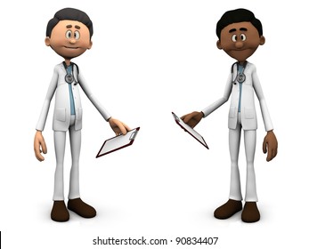 Two Cartoon Doctors Wearing Stethoscopes Holding Stock Illustration ...
