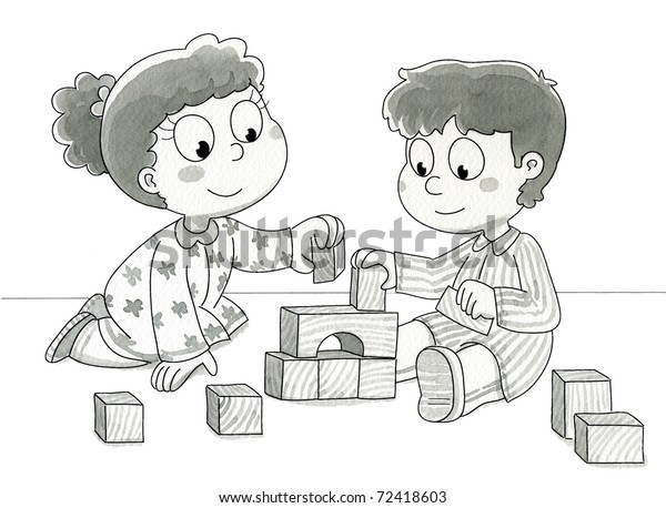 Two Cute Children Playing Bricks Black Stock Illustration 72418603 ...