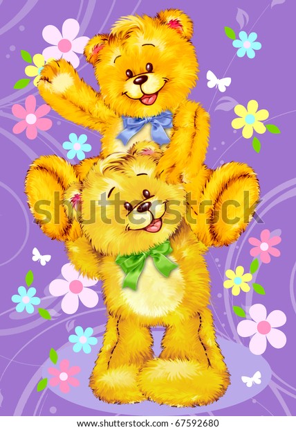 Two Cute Teddy Bears Hugging By Stock Illustration 67592680