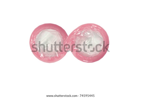 Two pink condoms infinity on white