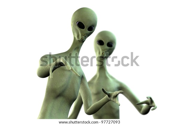 Two Realistic Aliens Different Poses Focus Stock Illustration 97727093