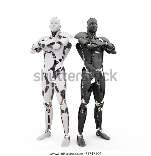 Two Robots Standing Together On White Stock Illustration 73717504