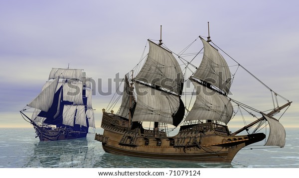 Two Ships Sea Stock Illustration 71079124