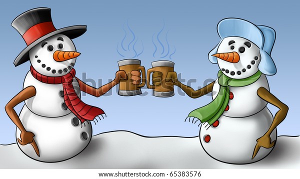 Two Snowmen Drinking Smiley Each Other Stock Illustration 65383576