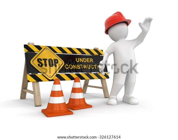 Under construction sign and worker. Image with clipping path