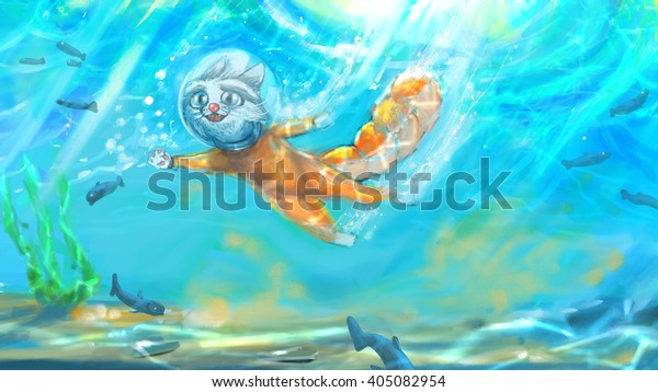 Underwater Cat Stock Illustration 405082954