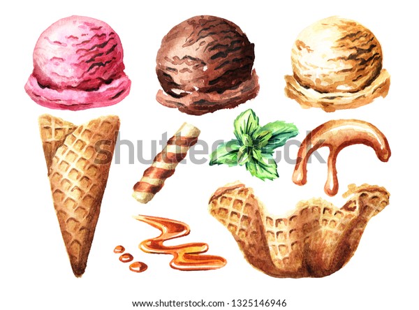 Various Ice Cream Elements Set Watercolor Stock Illustration 1325146946 ...