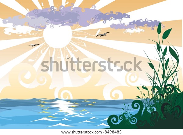 Vector Cartoon Landscape River Bulrush Sun Stock Illustration 8498485 ...
