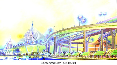 View Elevated Expressway Night Digital Watercolor: ilustración de stock ...