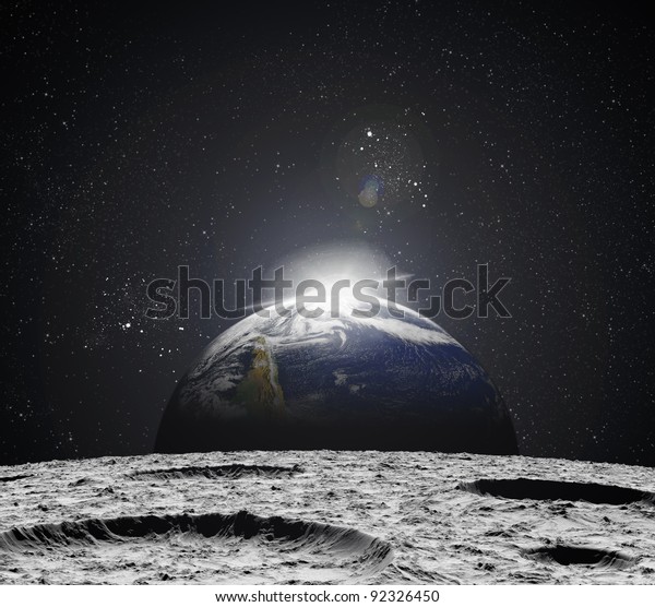 View of the Universe from the moon's surface. Abstract illustration of ...