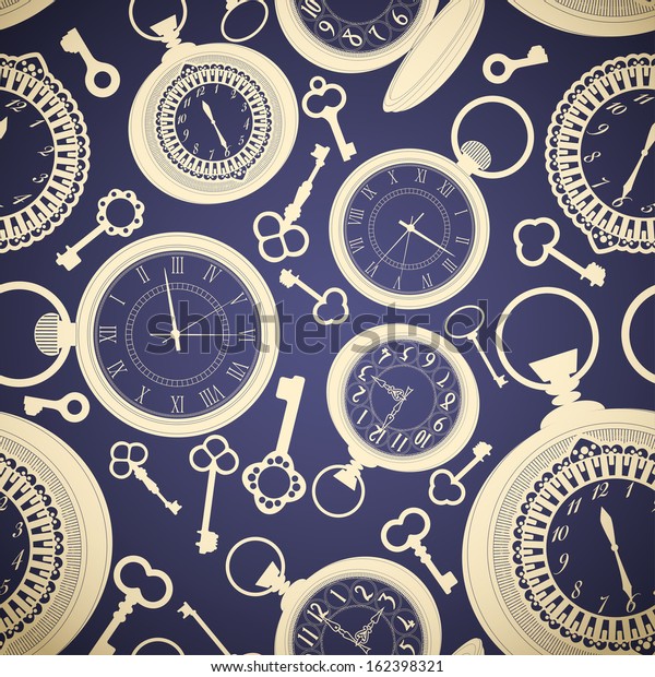 Vintage Seamless Pattern Clocks Keys Raster Stock Illustration 162398321