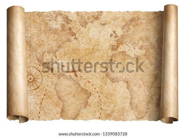 Vintage world map scroll isolated on white. Based on image furnished ...