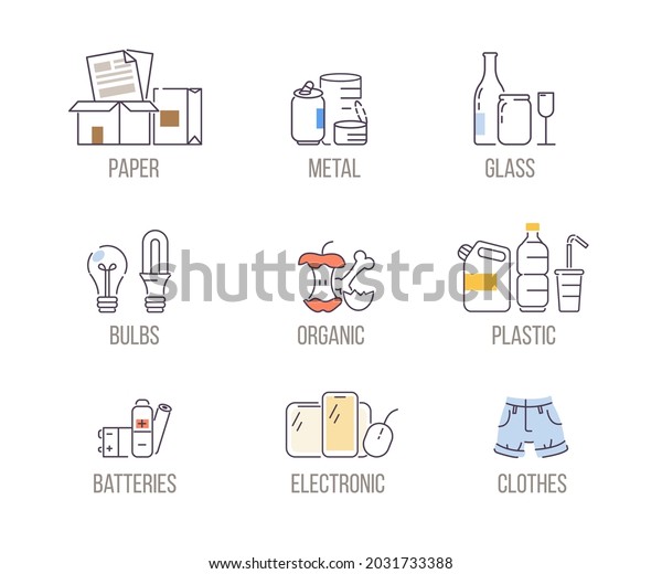 Waste Sorting Icons Set Various Types Stock Illustration 2031733388 ...