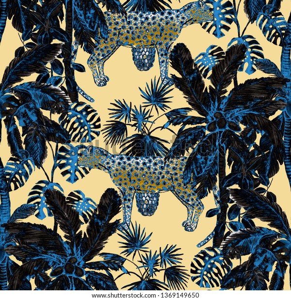 Watercolor seamless pattern with leopard in rainforest. Jungle palms ...