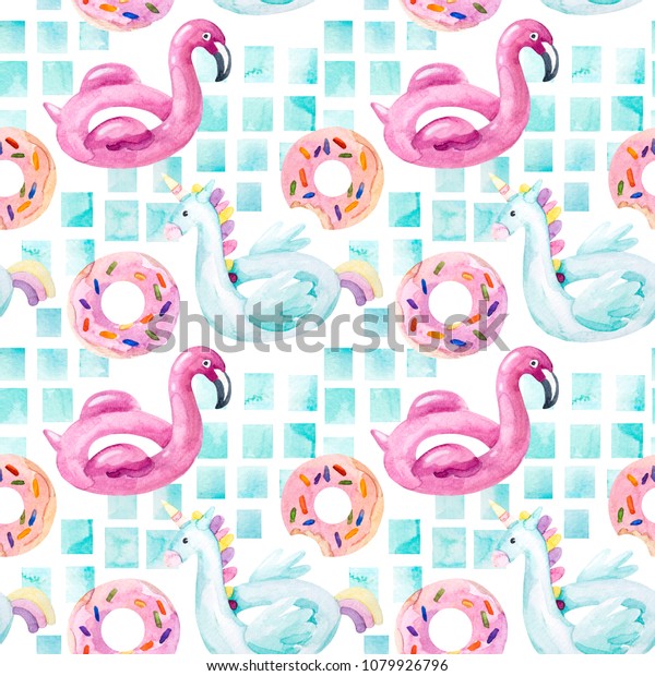 Watercolor Seamless Pattern Summer Pool Floats Stock Illustration ...