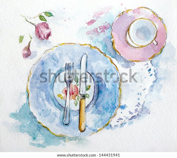Watercolor Table Setting Stock Illustration 144431941