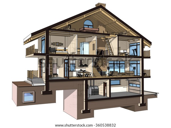 If we cut a house in half we will see how zoned rooms on the floors ...