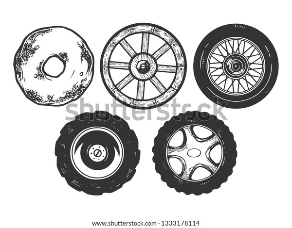 Wheels Evolution Sketch Engraving Raster Illustration Stock ...