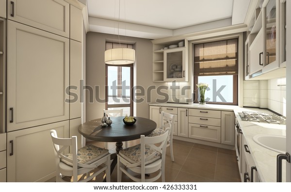 White Kitchen Round Table 3d Rendering Stock Illustration 426333331 ...