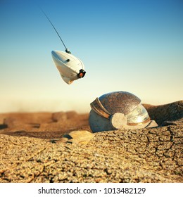 White Robot Drone Hovering Over Obsolete Stock Illustration 1013482129 ...