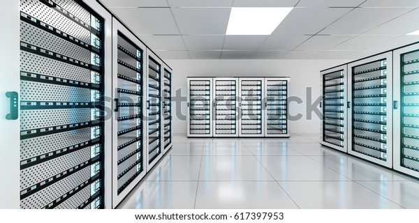 White server room data center storage with blue lights 3D rendering