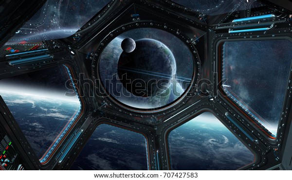 Window view of space and planets from a space station 3D rendering ...