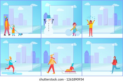 Winter Activities Posters Set Representing Mother Stock Illustration ...