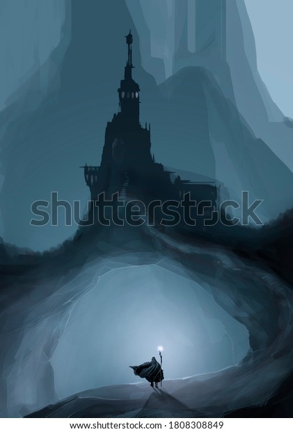 Wizard Standing Front Castle By Night Stock Illustration 1808308849