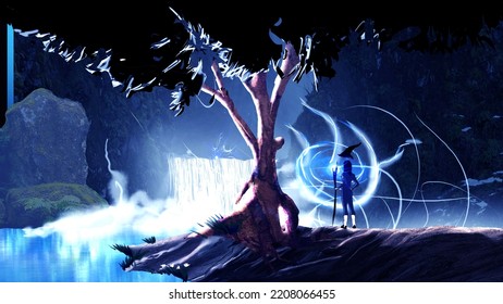 Wizard Under Tree Light Waterfall Jungle Stock Illustration 2208066455 ...