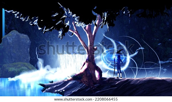 Wizard Under Tree Light Waterfall Jungle Stock Illustration 2208066455 ...
