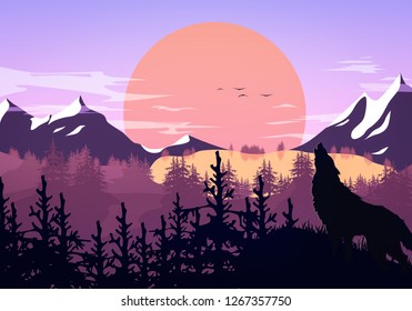 Wolf Sunset Background Landscape Flat Design Stock Illustration ...