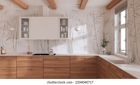 Wooden Japandi Kitchen White Tones Parquet Stock Illustration ...