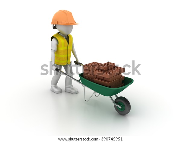 Worker Characters Wheelbarrow Bricks On White Stock Illustration ...