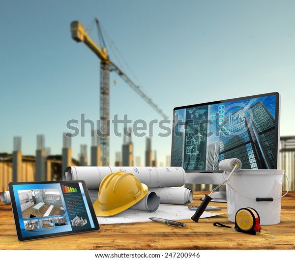 working tools of the builder in a construction site