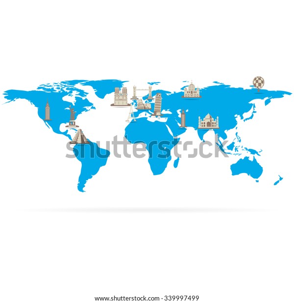 World Map Landmarks On Travel Background 스톡 일러스트 339997499 | Shutterstock