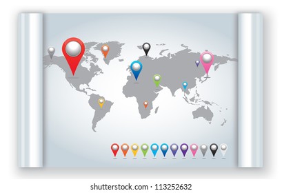 Vektor Stok World Map Set Map Pins Pointer (Tanpa Royalti) 114305524 ...