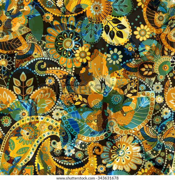 Yellow Floral Seamless Pattern Vector Indian Stok İllüstrasyon 343631678