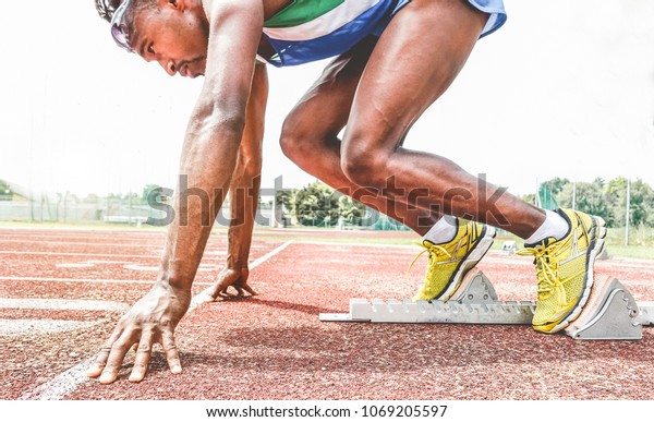 Afro American Runner Using Starting Block Stock Photo 1069205597 ...