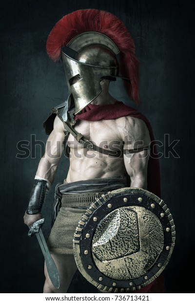 Ancient Warrior Gladiator Posing Over Dark Stock Photo 736713421 ...
