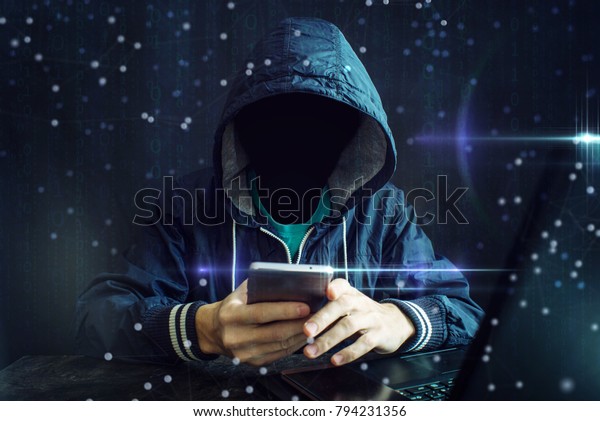 Anonymous Hacker Without Face Uses Mobile Stock Photo 794231356 ...
