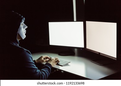 Masked Hacker Under Hood Using Computer Stock Photo (Edit Now) 1146648023