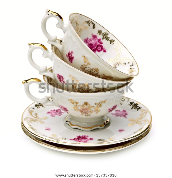 Antique Tea Cups Stack On White Stock Photo (Edit Now) 137337818