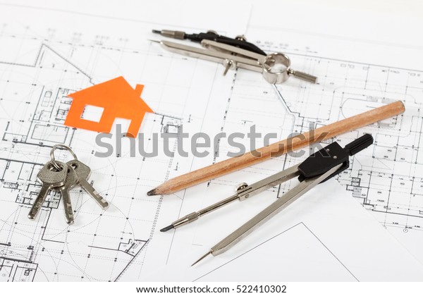 Architect Workplace Top View Architectural Project Stock Photo ...