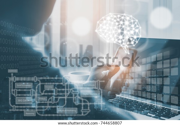 Artificial Intelligence AI, Internet of Things IoT. Business man using ...