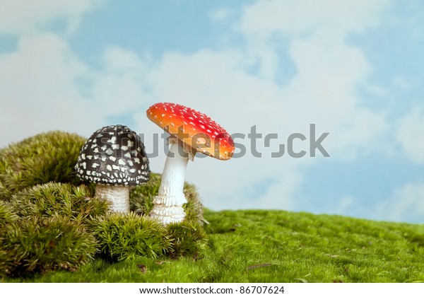 Artificial Toadstools Standing On Real Moss Stock Photo 86707624 ...