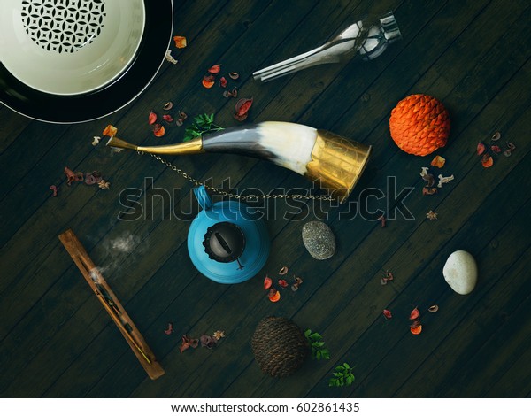 Asian Eastern Traditional Objects On Wood Stock Photo 602861435 ...
