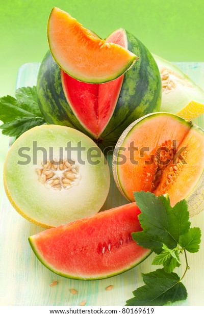 Assorted Melons Watermelon On Table Stock Photo (Edit Now) 80169619